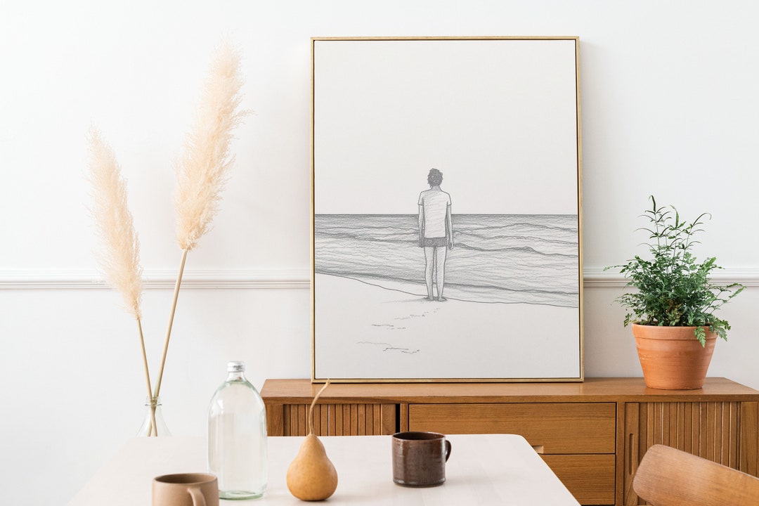 Solitude on the Sands: Pencil Drawing of a Man Standing on the Beach - Etsy
