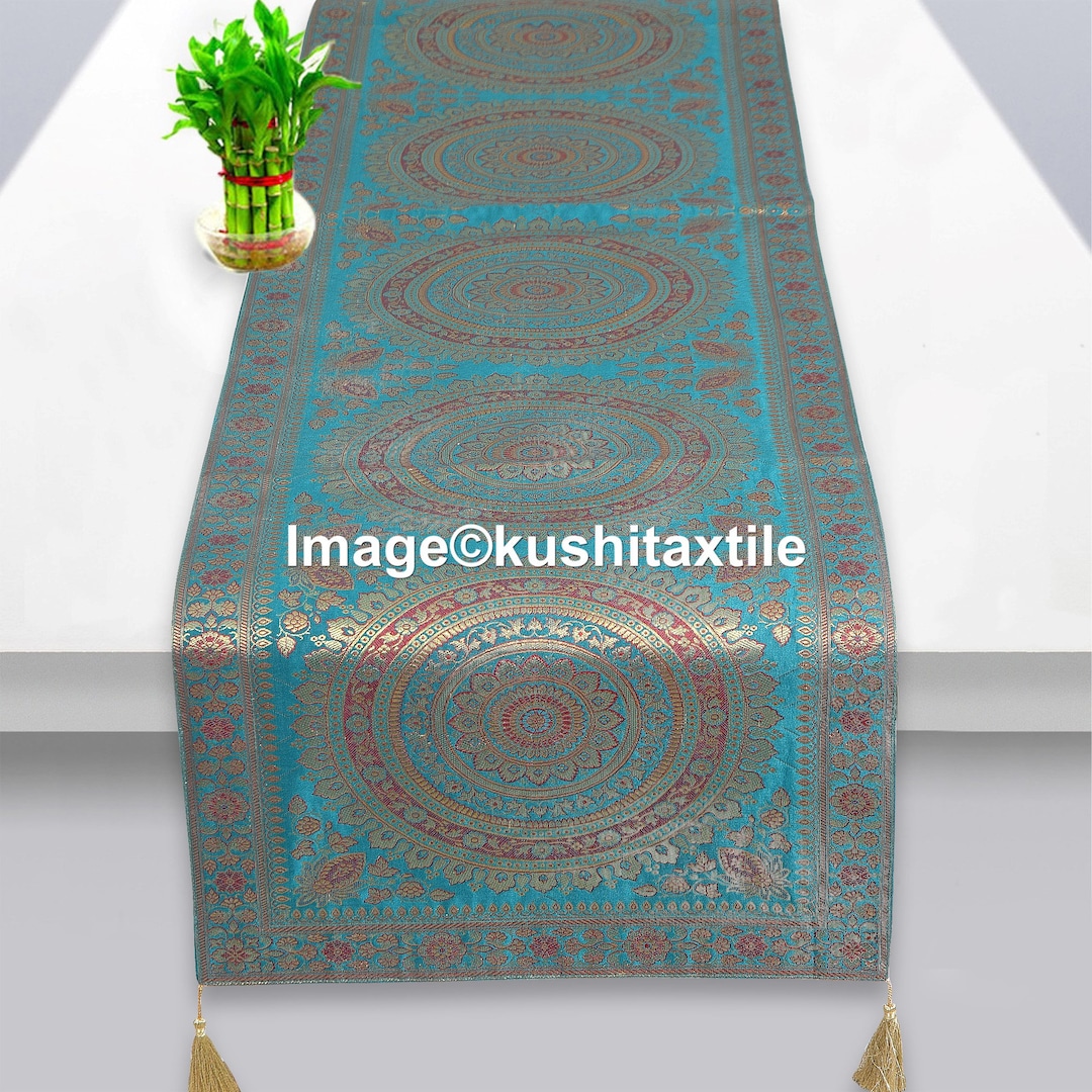 Indian Mandala Handmade Brocade Silk Table Runner: Turquoise Peacock ...