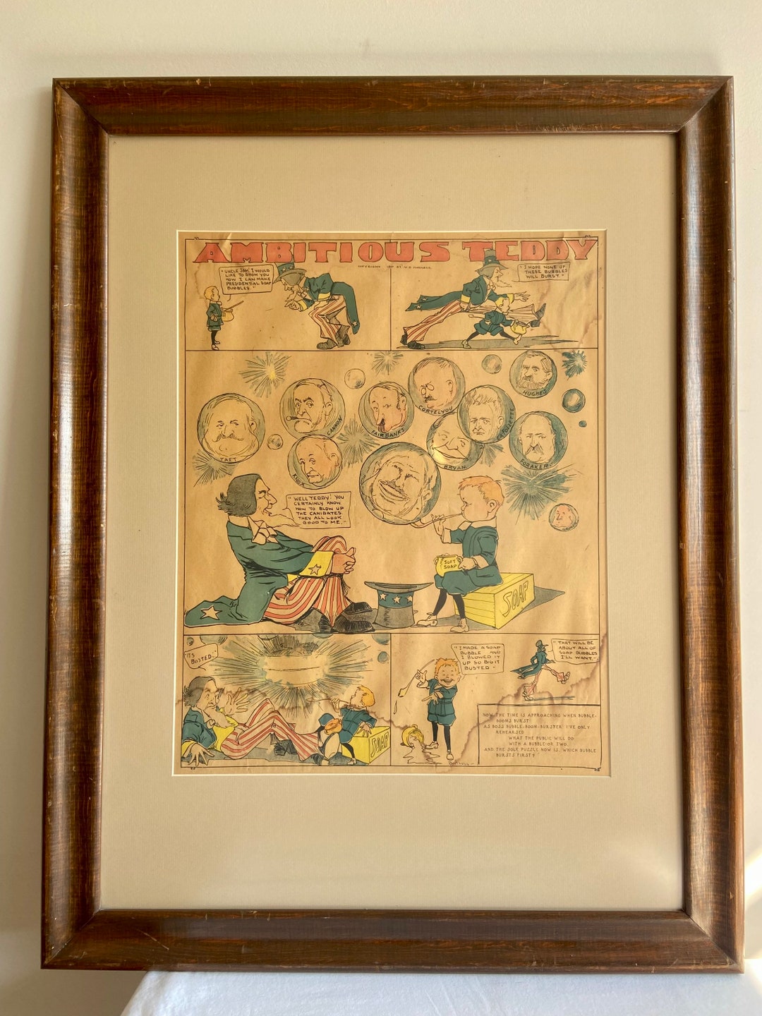 Antique 1907 "ambitious Teddy" Comic by W.E. Haskell -- Oak Framed - Etsy