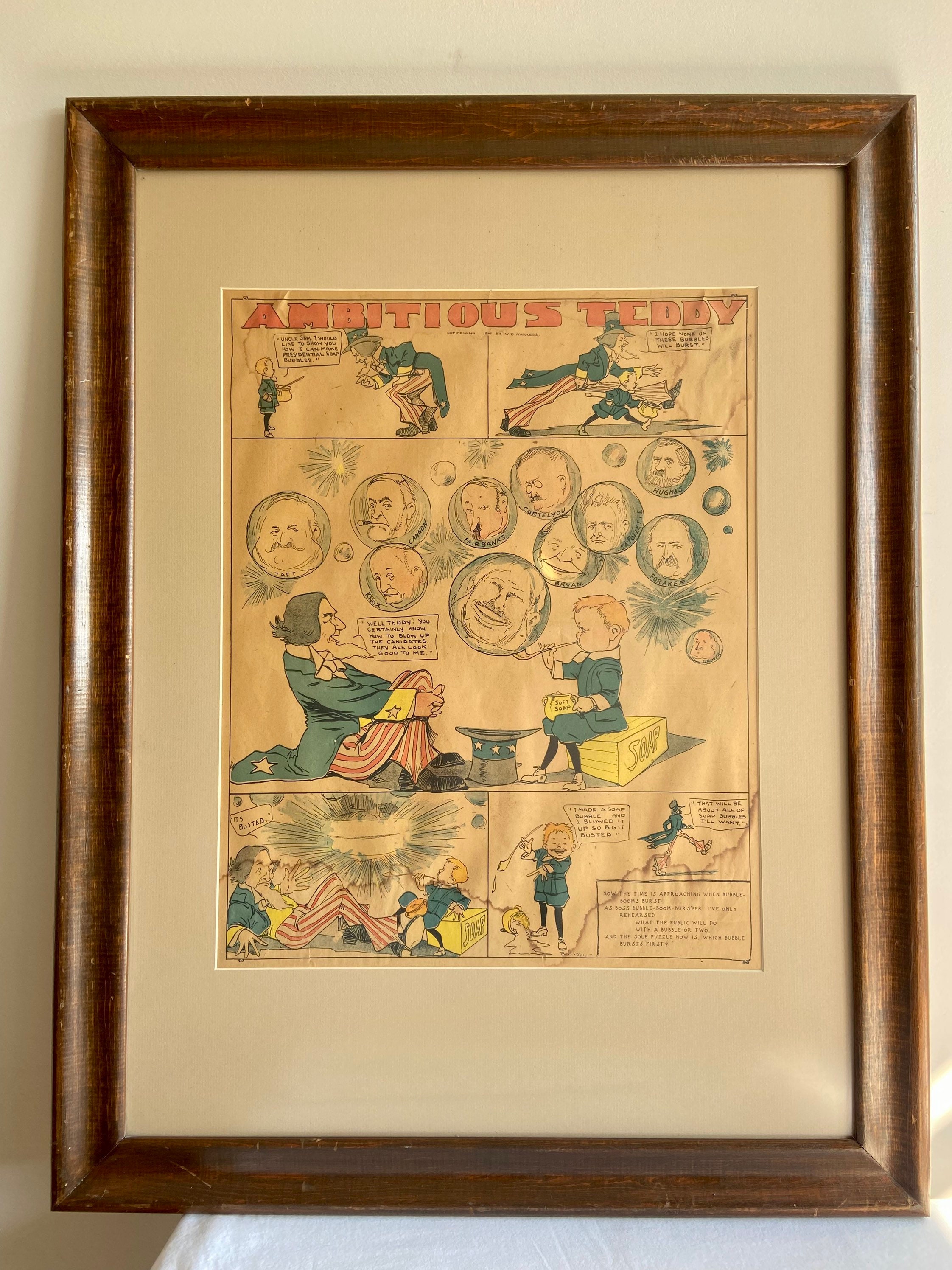 Antique 1907 "ambitious Teddy" Comic by W.E. Haskell -- Oak Framed - Etsy