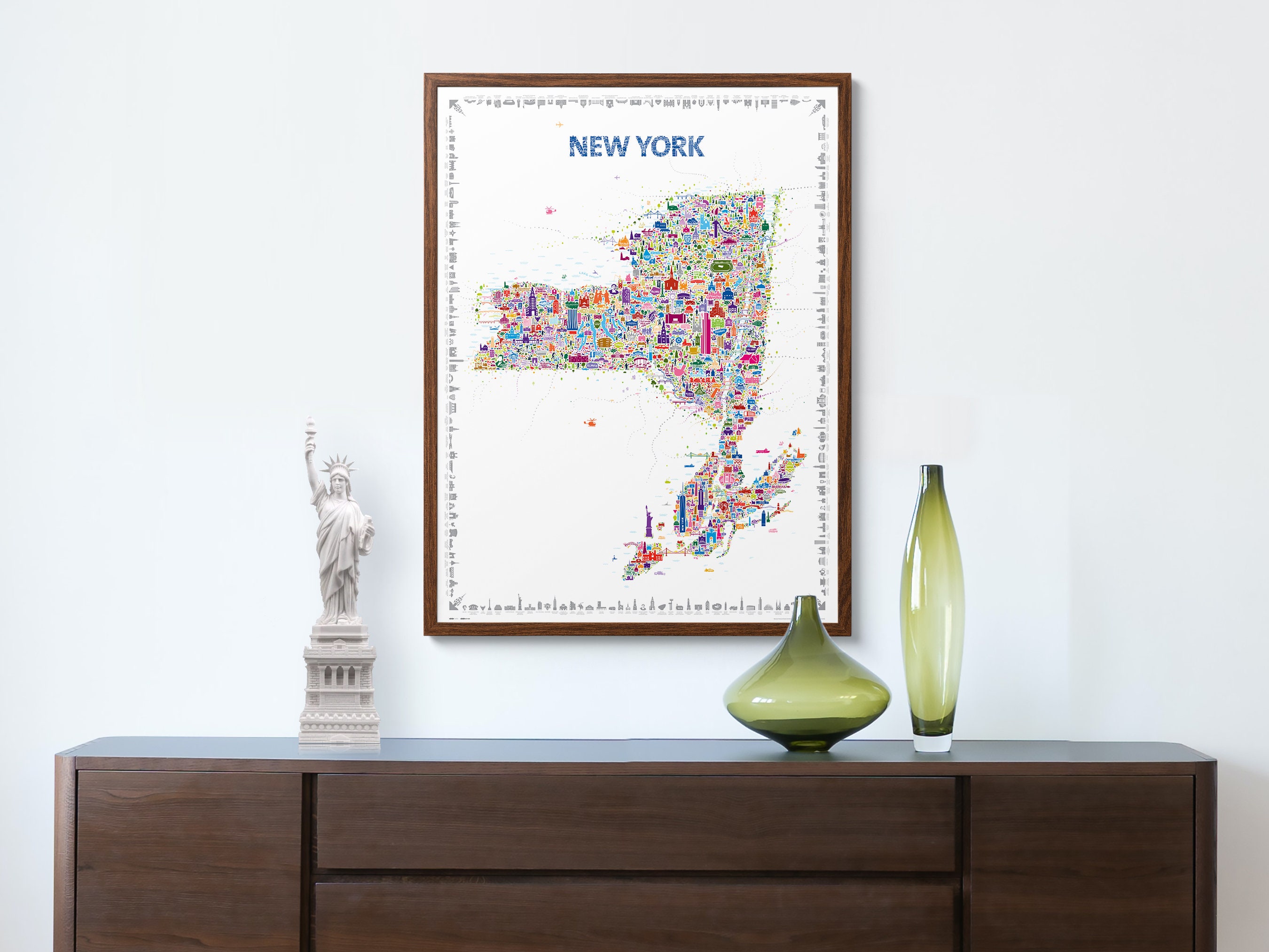 Iconic New York State Poster Map - Colorful Modern Style Wall Art Print ...