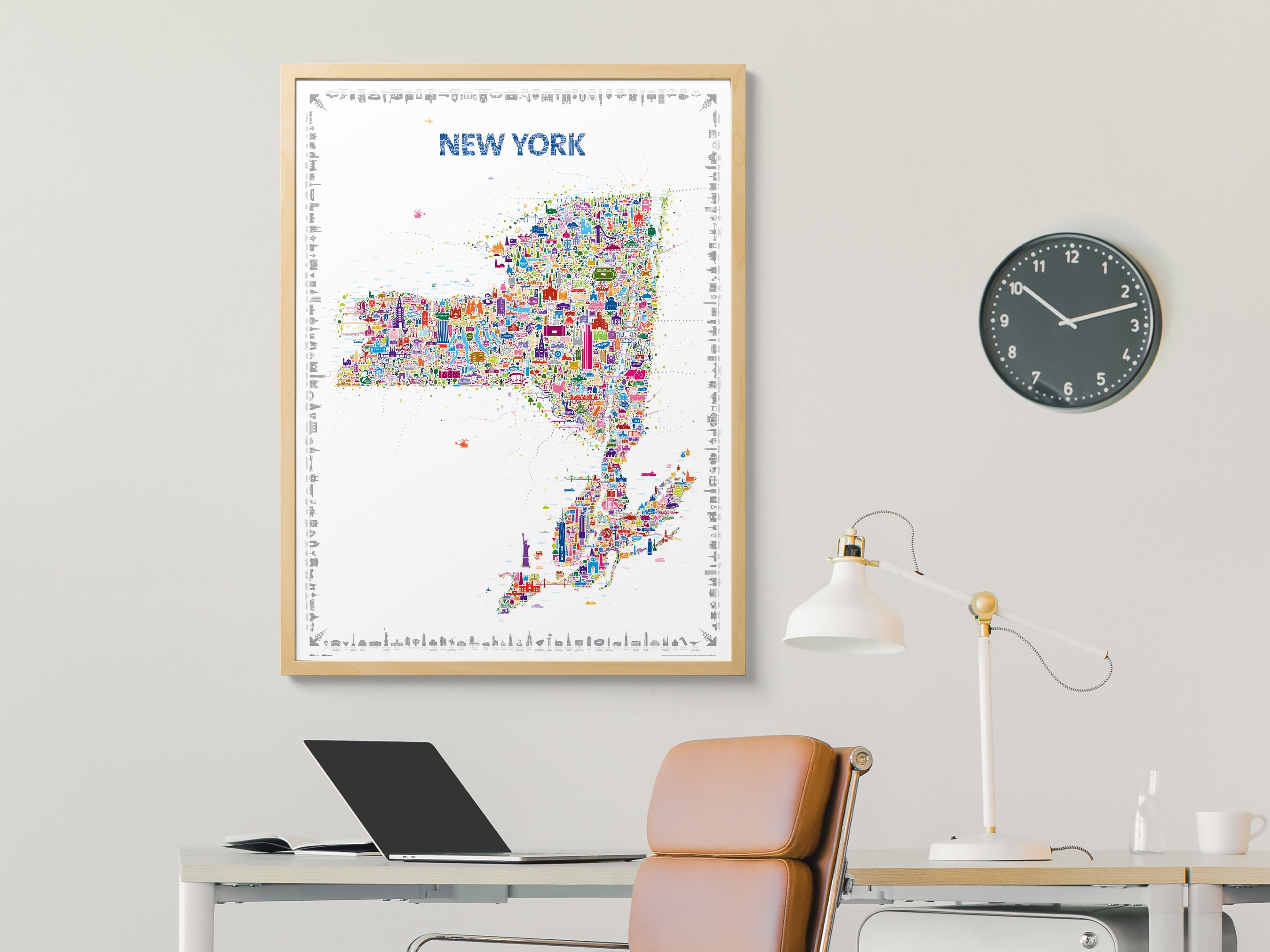 Iconic New York State Poster Map Colorful Modern Style Wall Art Print ...