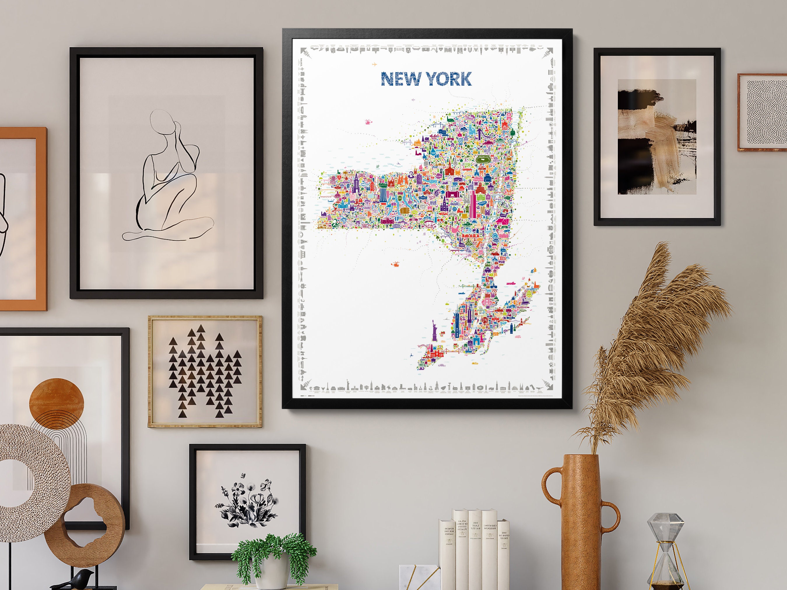 Iconic New York State Map Poster: Colorful Modern Wall Art Print - Etsy