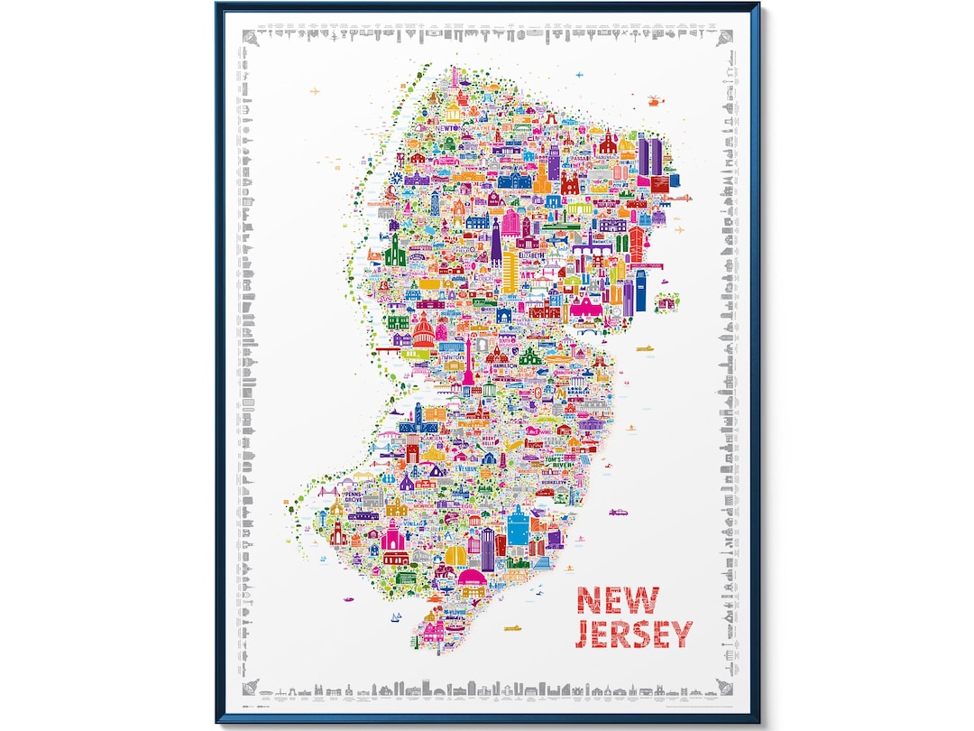 Iconic New Jersey Map Poster: Garden State Landmarks Wall Art Print - Etsy