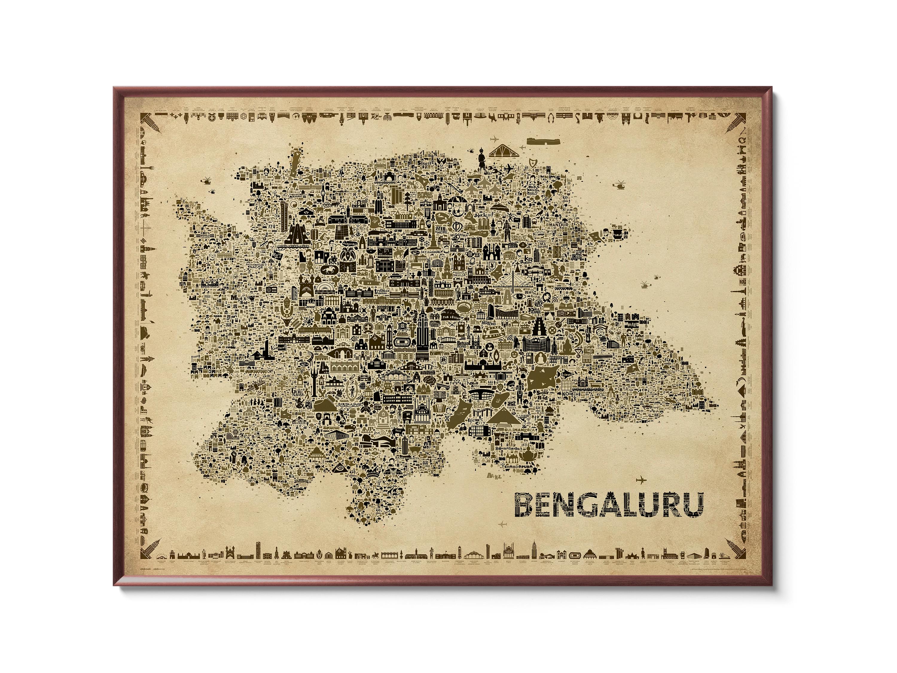 Iconic Bengaluru Map Poster: Vintage Bangalore Wall Art Print, Garden ...