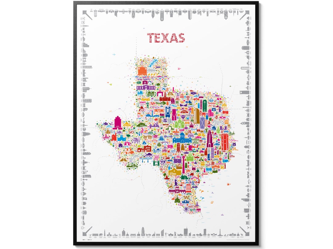 Iconic Texas Poster Artwork for Home Walls – Designer Map Wall Art of ...