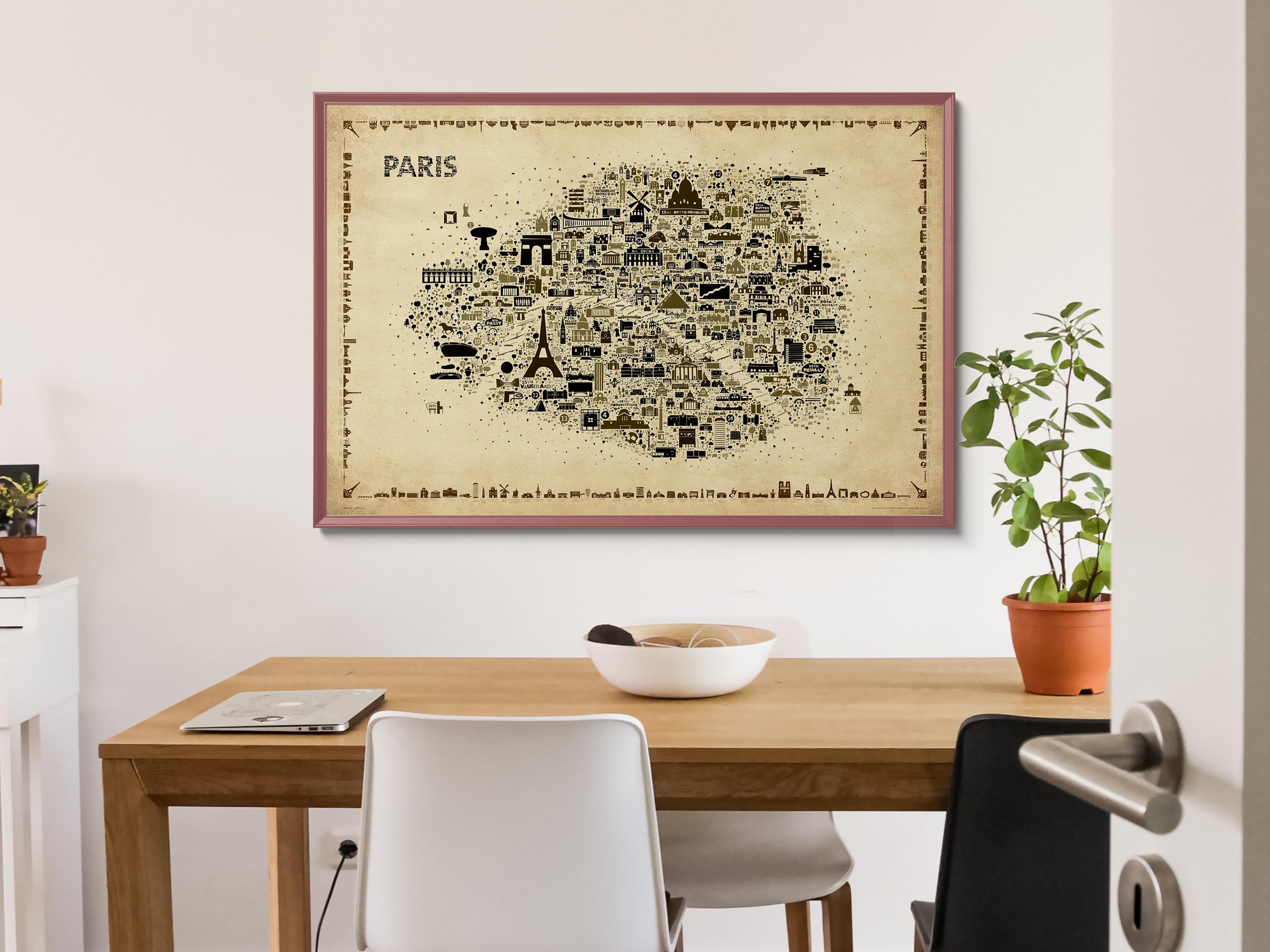 Iconic Paris Map Poster: Vintage Sepia France Landmark Wall Art Print ...