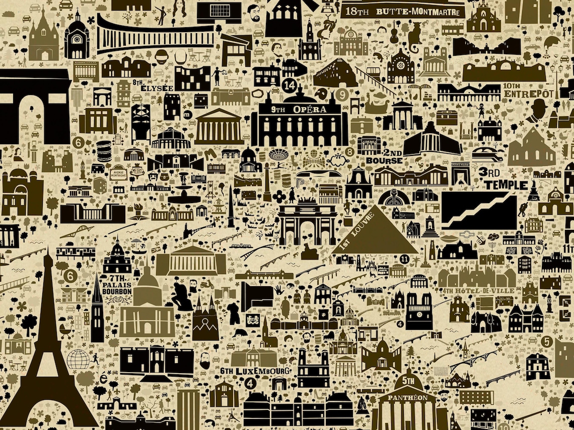 Iconic Paris Map Poster: Vintage Sepia France Landmark Wall Art Print ...