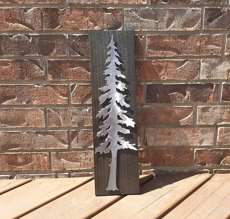 Pine Tree Metal Wall Art Polished Steel Tree on Dark Stained - Etsy