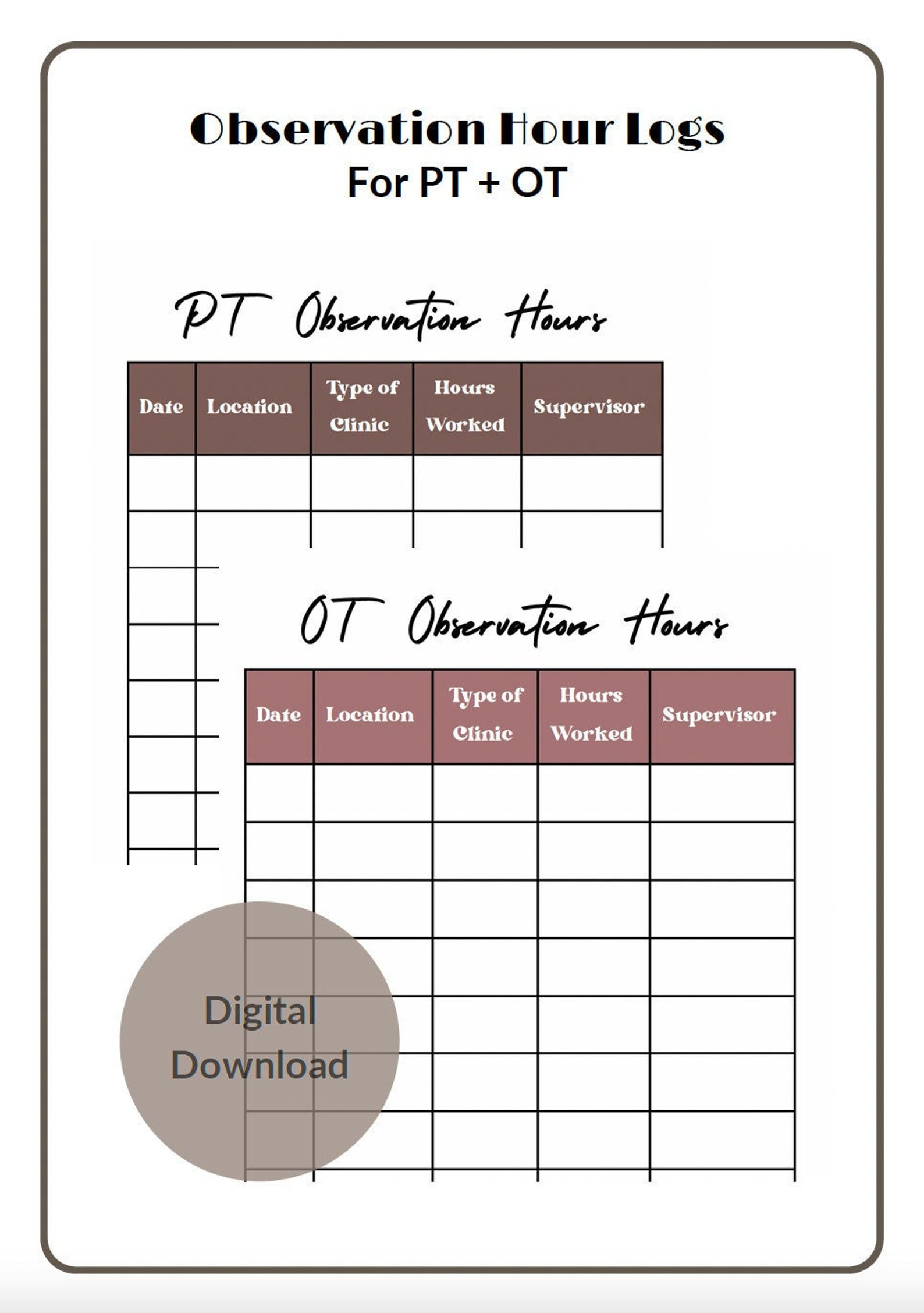 PT & OT Observation Hours Log - Etsy