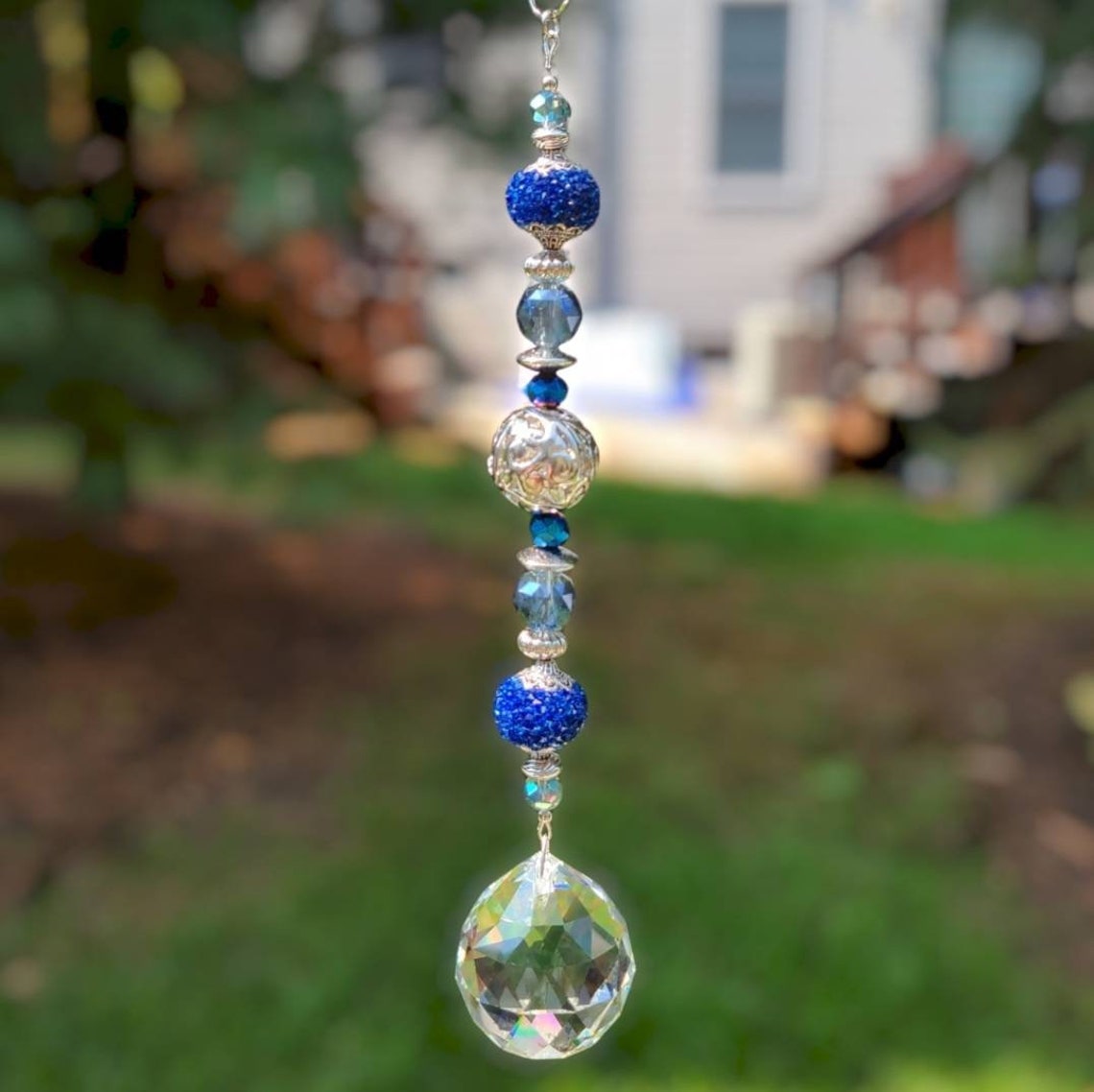 Beaded Suncatcher Blue Beaded Suncatcher Sparkling Rainbow - Etsy