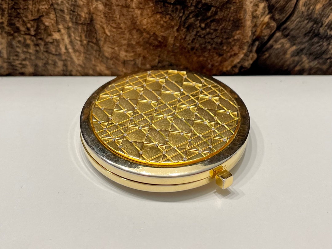 Vintage Gold Double Sided Mirror Compact, Checkered Rhinestone Compact ...