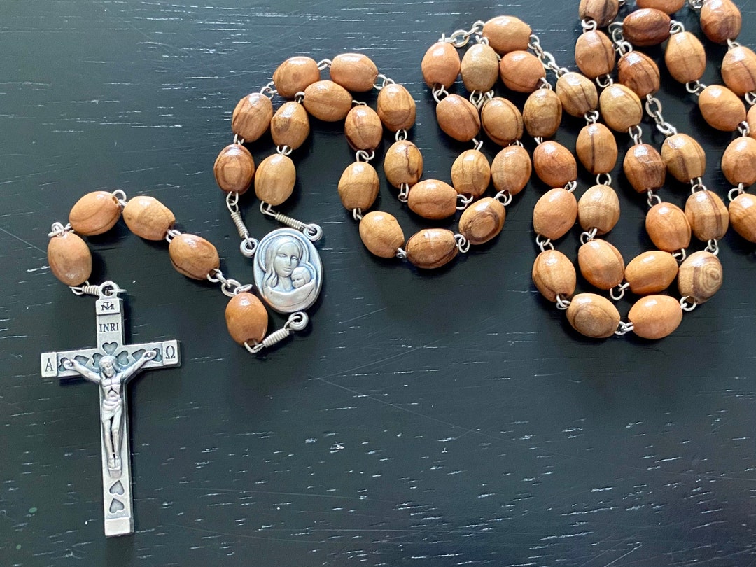 Vintage Olive Wood Bead Rosary: INRI Crucifix, Mary & Child Centerpiece ...