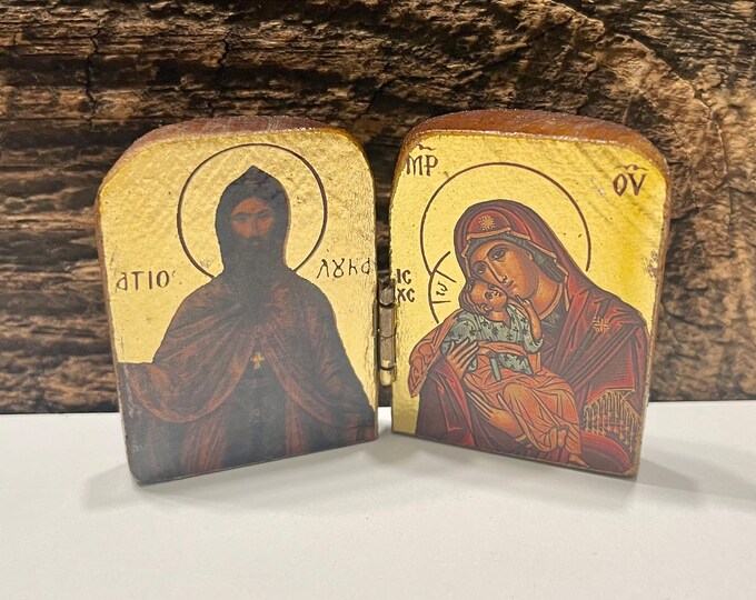 Vintage Religious Icon Wooden Two-fold, Mini Wooden Two-hinged Plaque, Hand Carved, Folds Up ...