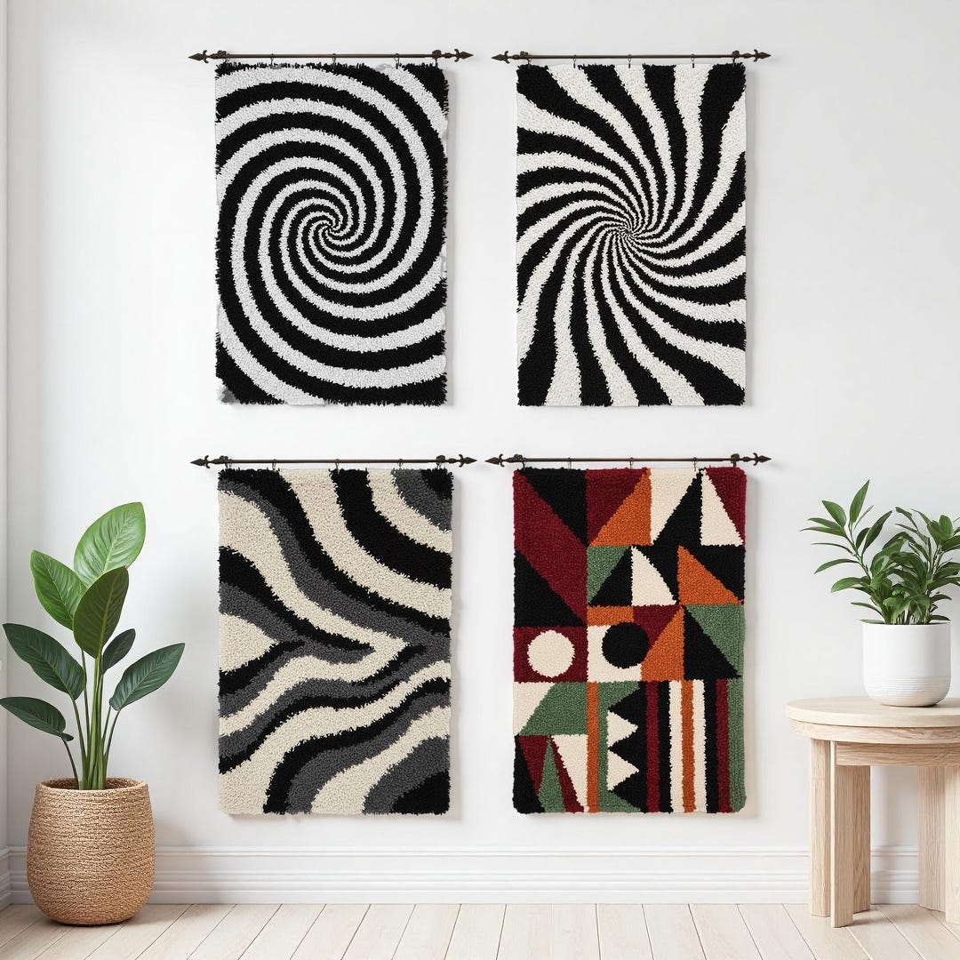 Abstract Geometric Latch Hook Kit Adult Spiral Black White Rug Making ...
