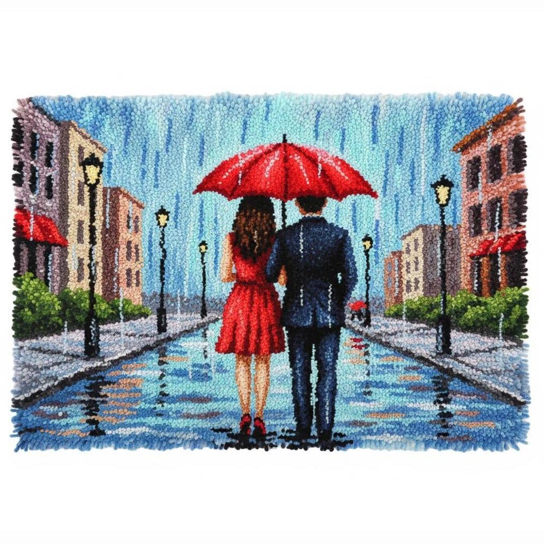 Romantic Rainy City Couple Latch Hook Rug Kits Pre-printed Canvas With ...