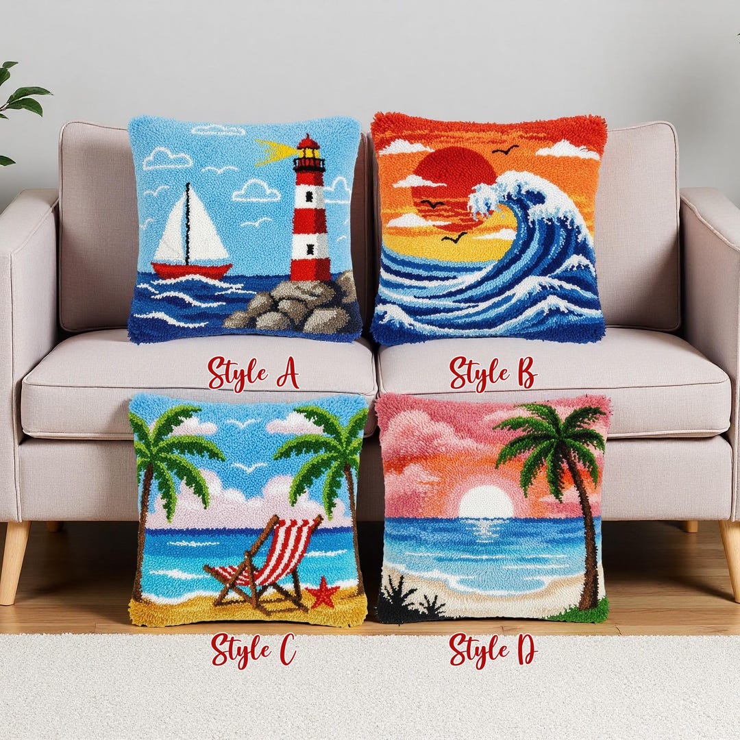 Nautical Lighthouse Latch Hook Kit Sailboat Ocean Pillow Cover Summer ...