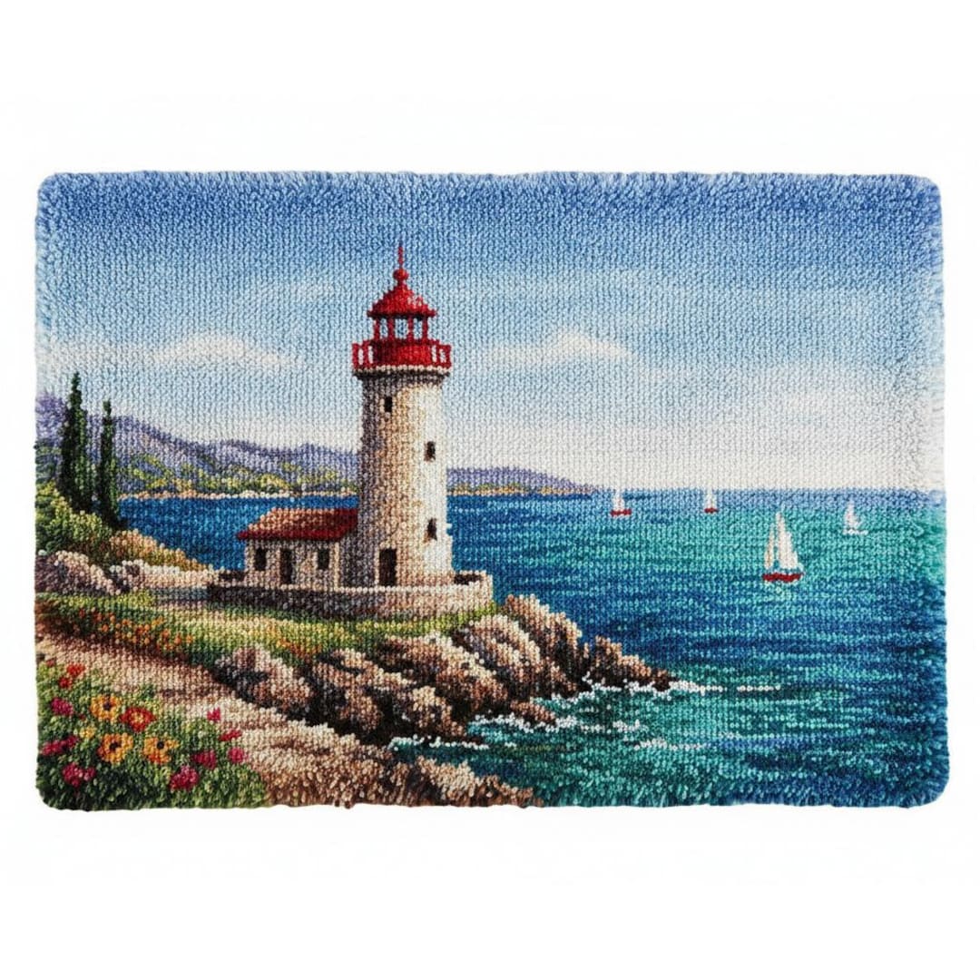 Coastal Lighthouse Rug Making Kit Latch Hook Pre-printed Canvas ...