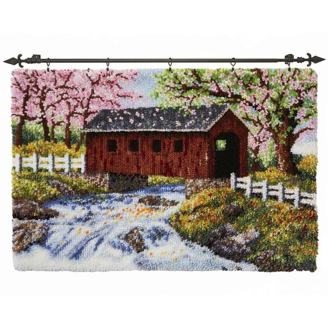 Covered Bridge in Spring Latch Hook Kit DIY Rug Making Kit Pre-printed ...