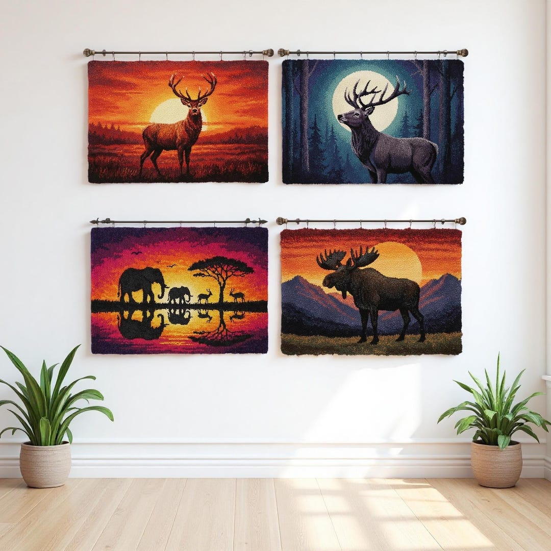 Deer Moose Elephant Silhouette Latch Hook Kit Adult Easy Nature Wall ...