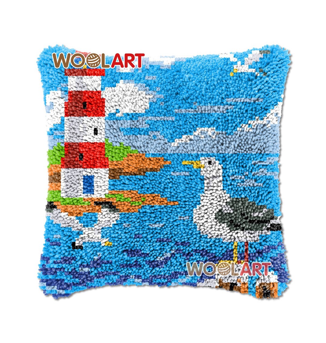 Lighthouse and Seagulls Latch Hook Cushion Cover Kits for Adults Blank ...
