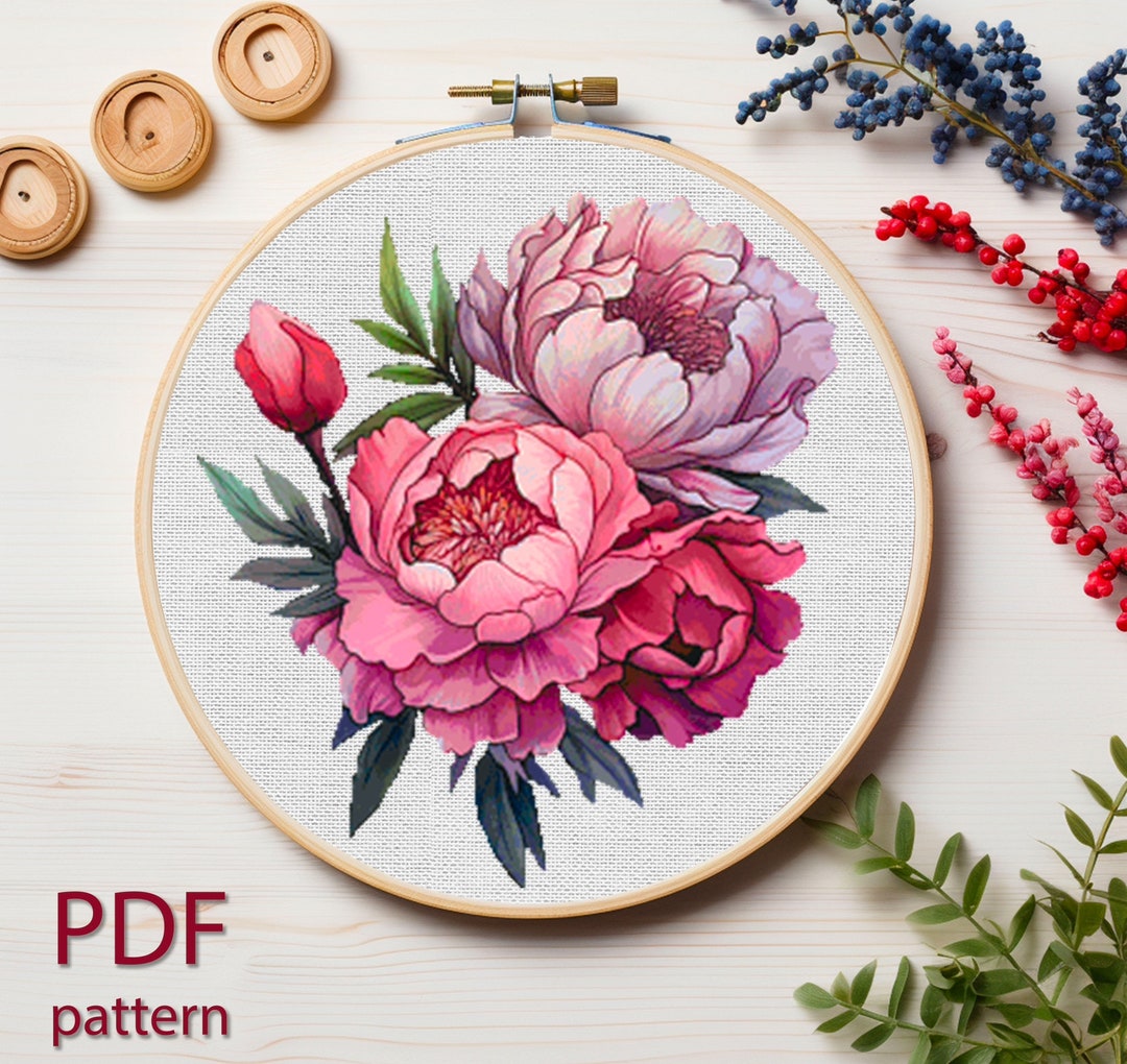 Peonies Bouquet PDF Cross-stitch Pattern, Digital Cross-stitch, PDF Cross-stitch Peony Flower ...