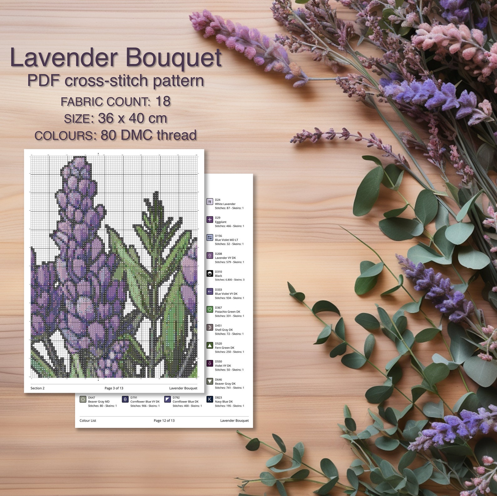 Lavender Bouquet PDF Cross-stitch Pattern, Digital Cross-stitch, PDF ...