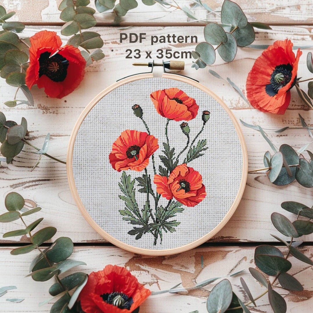 Poppy Flowers Bouquet PDF Cross-stitch Pattern, Digital Cross-stitch ...