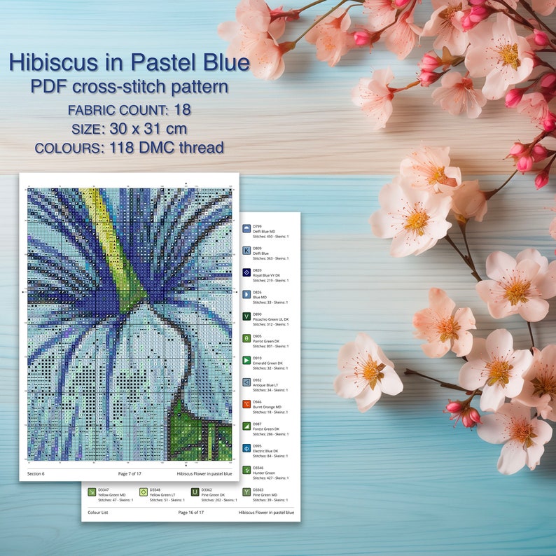 Hibiscus in Pastel Blue PDF Cross-stitch Pattern, Digital Cross-stitch ...