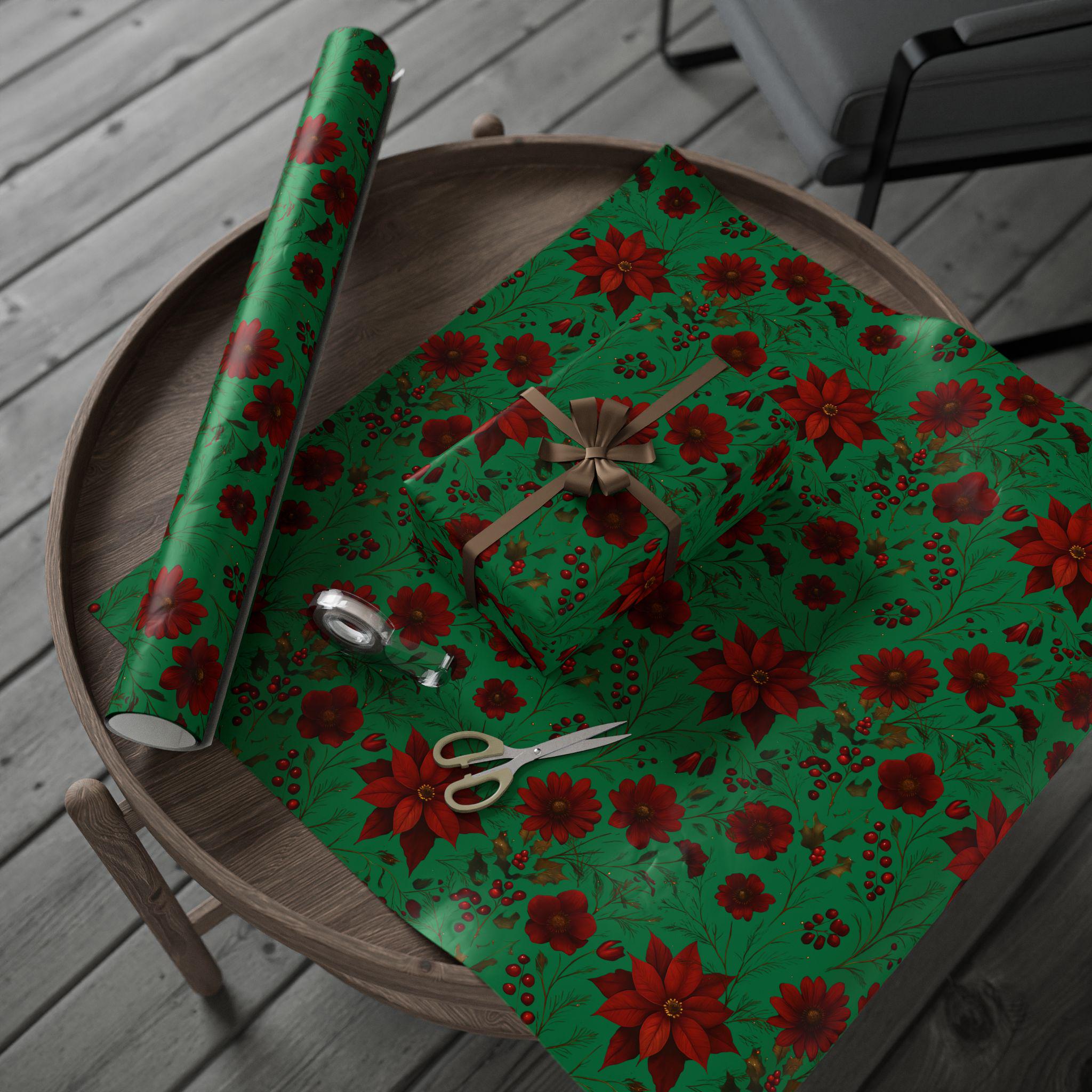 Red Poppy Floral Wrapping Paper | Green Background, Holiday Floral ...