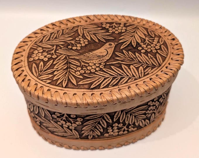 Vintage Birch Bark Trinket Box – Embossed Bird & Rowan Motif ...