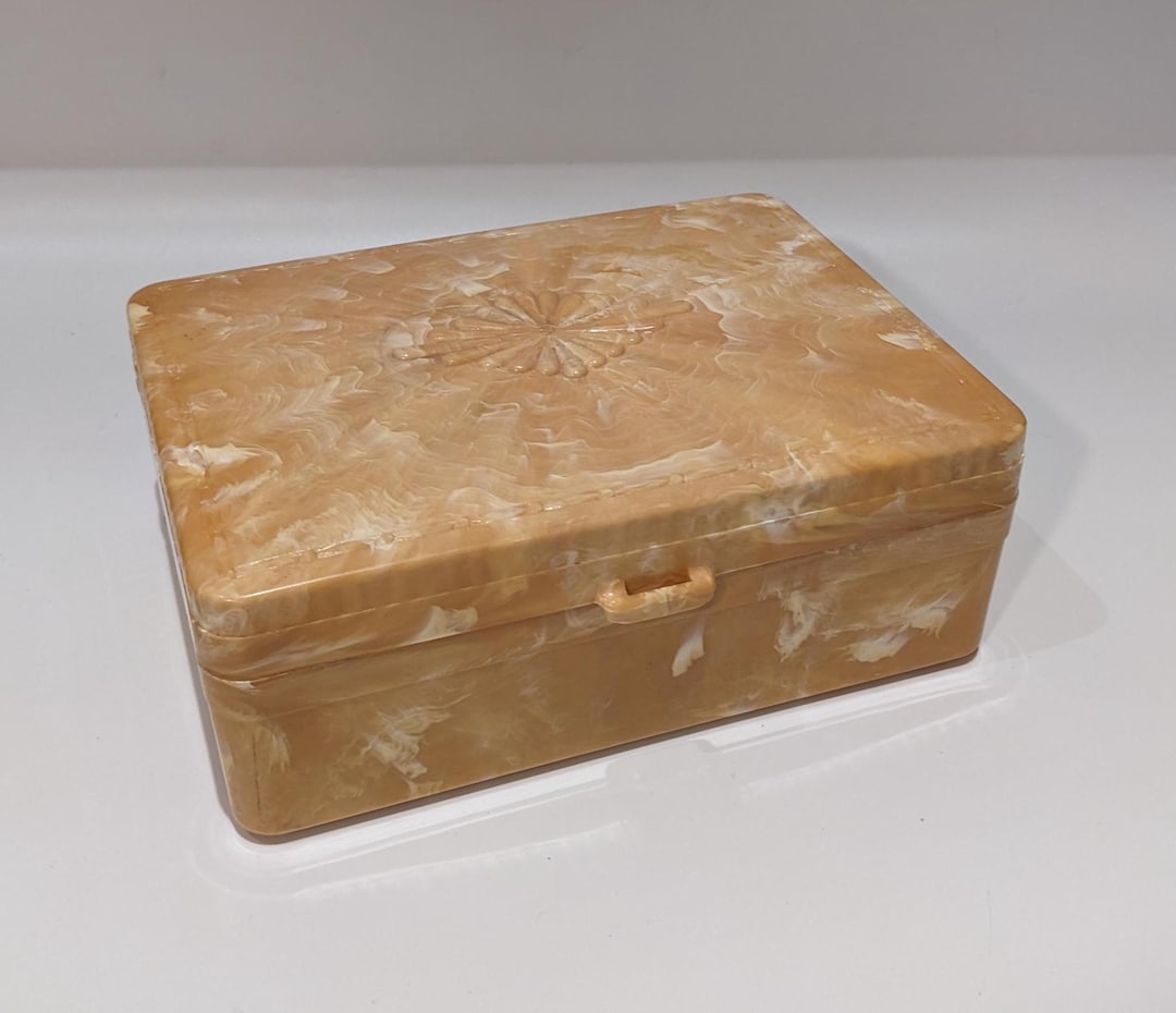 Vintage 60s 70s Peachy Pink Marbled Celluloid Sewing Jewelry Box 2 ...