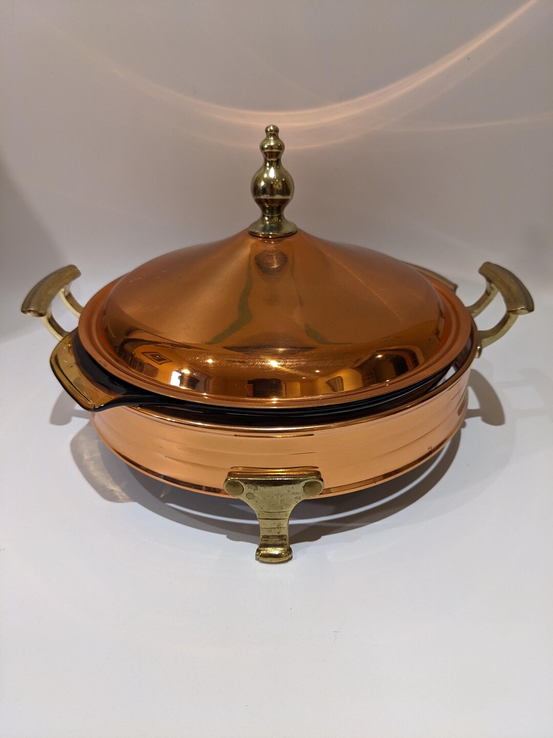 Vintage Copper & Brass Lidded Handled Buffet Server and Amber Glass ...