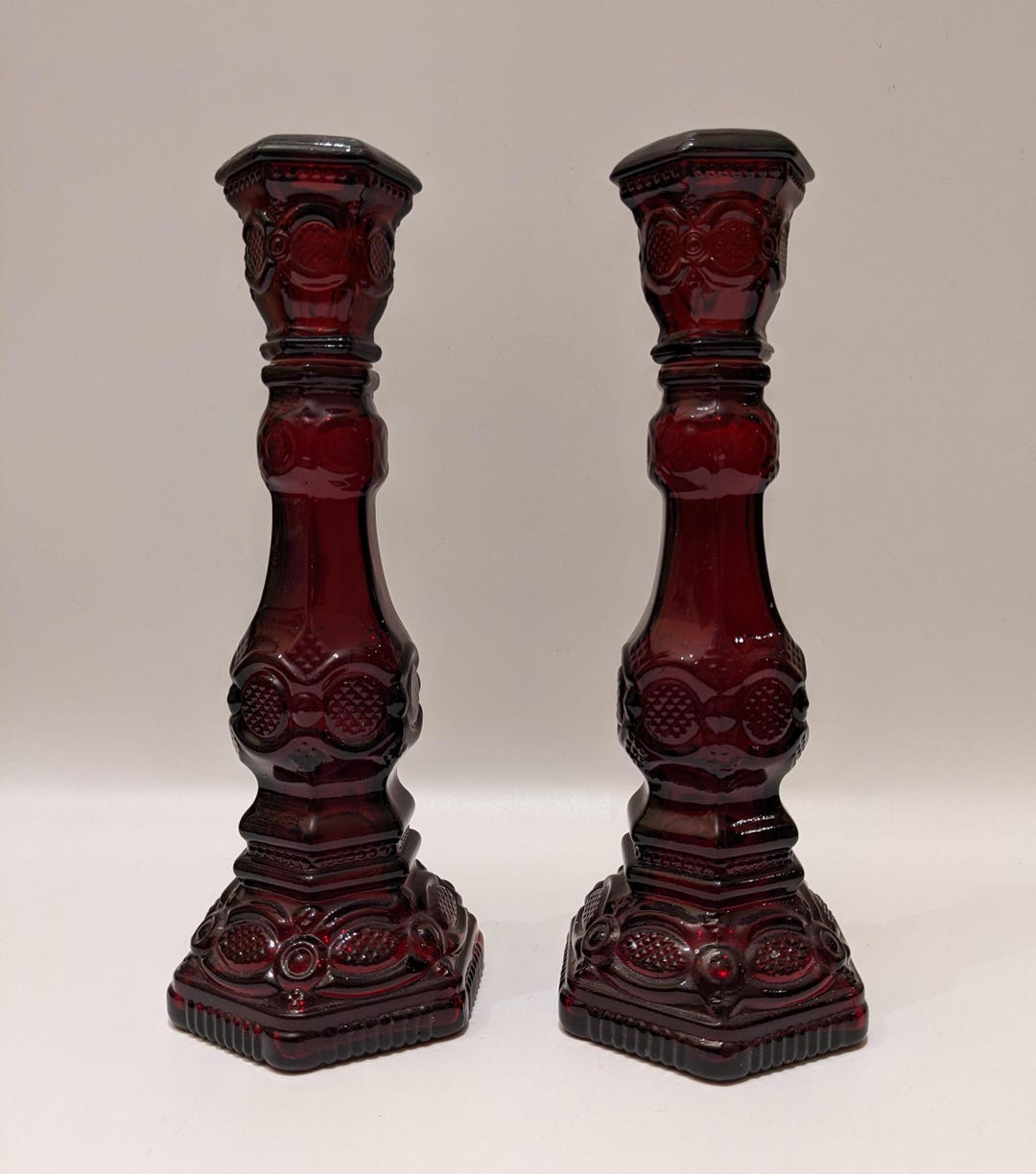 Vintage Avon 1876 Cape Cod Ruby Red Candle Holders (2) - 70s 80s Glassware Decanters W. Original ...