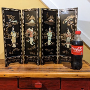 Vintage Asian Geisha Folding Tabletop Table Desk Screen Divider - Black ...