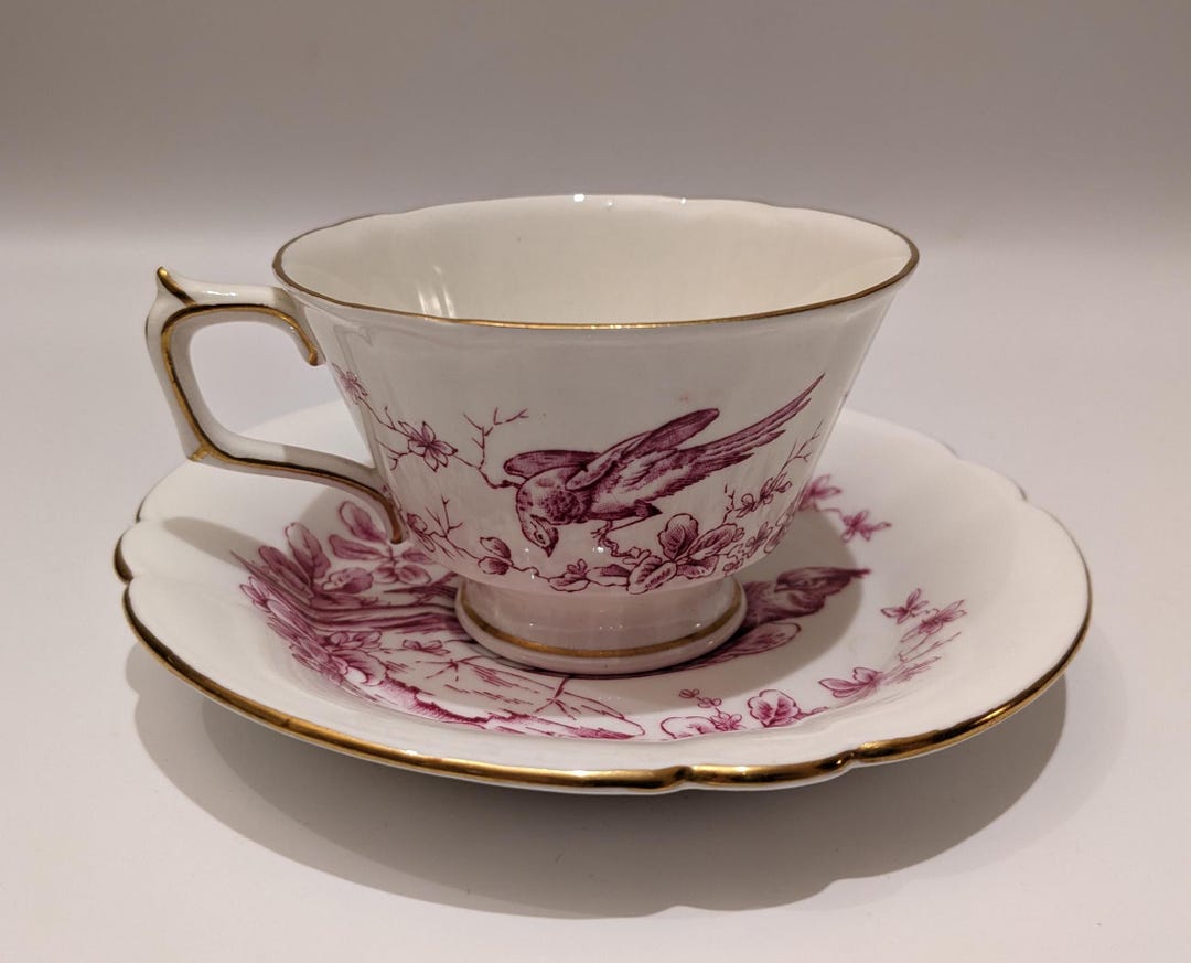 Vintage Royal Crown Derby Tea Cup & Saucer – Chelsea Pink Bird Pattern ...