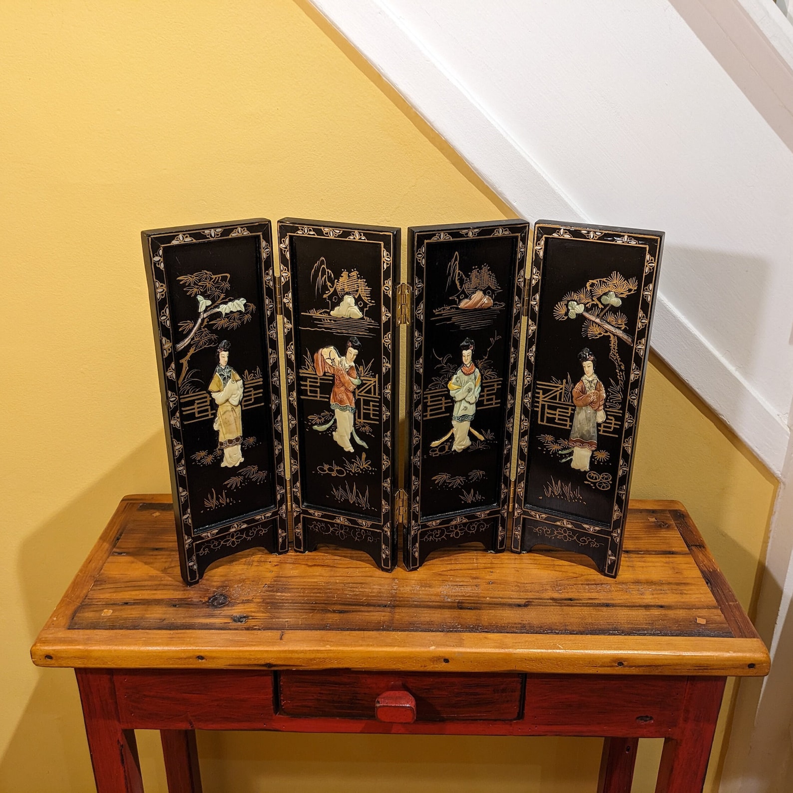 Vintage Asian Geisha Folding Tabletop Table Desk Screen Divider Black ...
