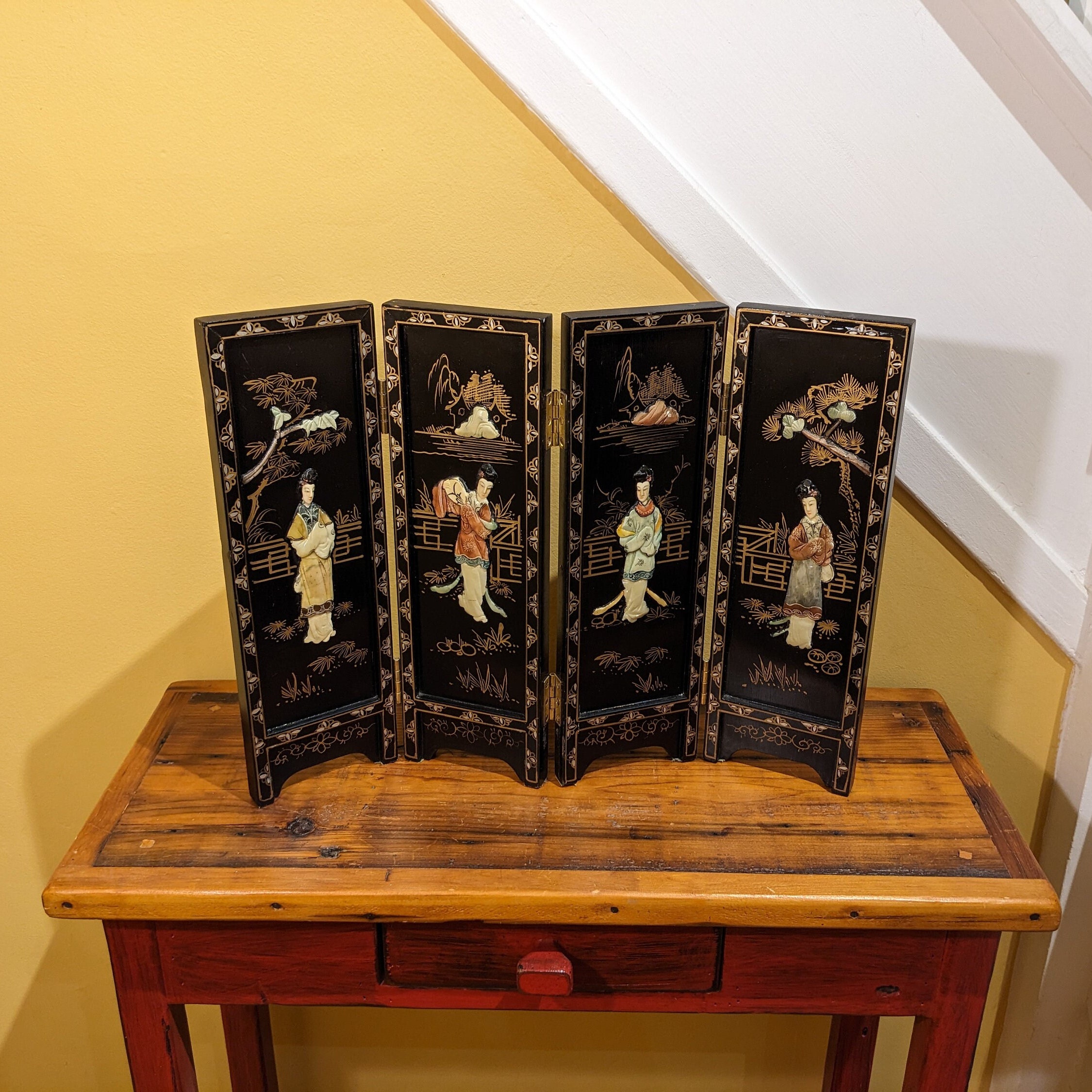 Vintage Asian Geisha Folding Tabletop Table Desk Screen Divider Black ...