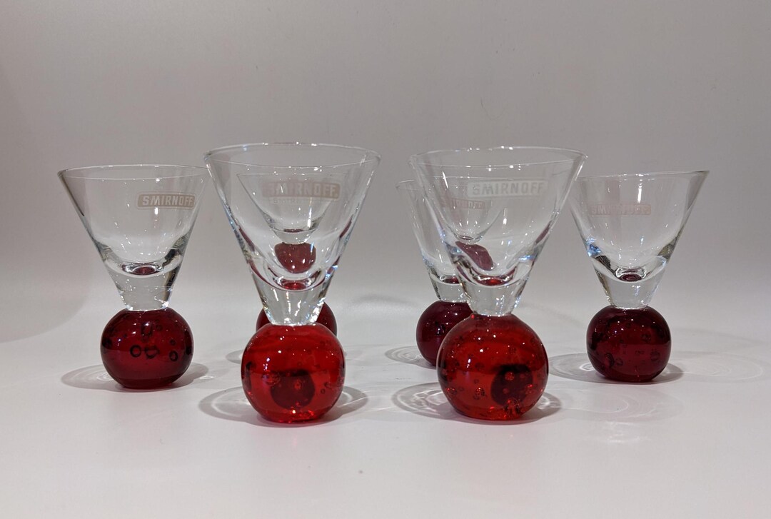 Smirnoff Vodka Shot Glasses Set of Six W. Red Bubble Ball Footed Base ...