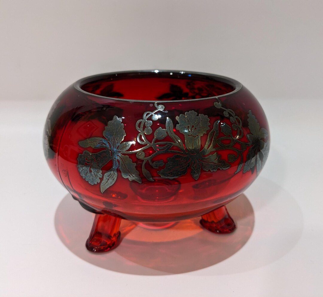 Vintage Viking Glass Ruby Red Flowerlite Silver Overlay Daffodil #1007 ...