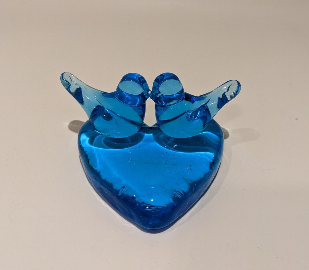 Vintage 1990 Ron Ray Kissing Bluebirds of Happiness - Blue Art Glass ...
