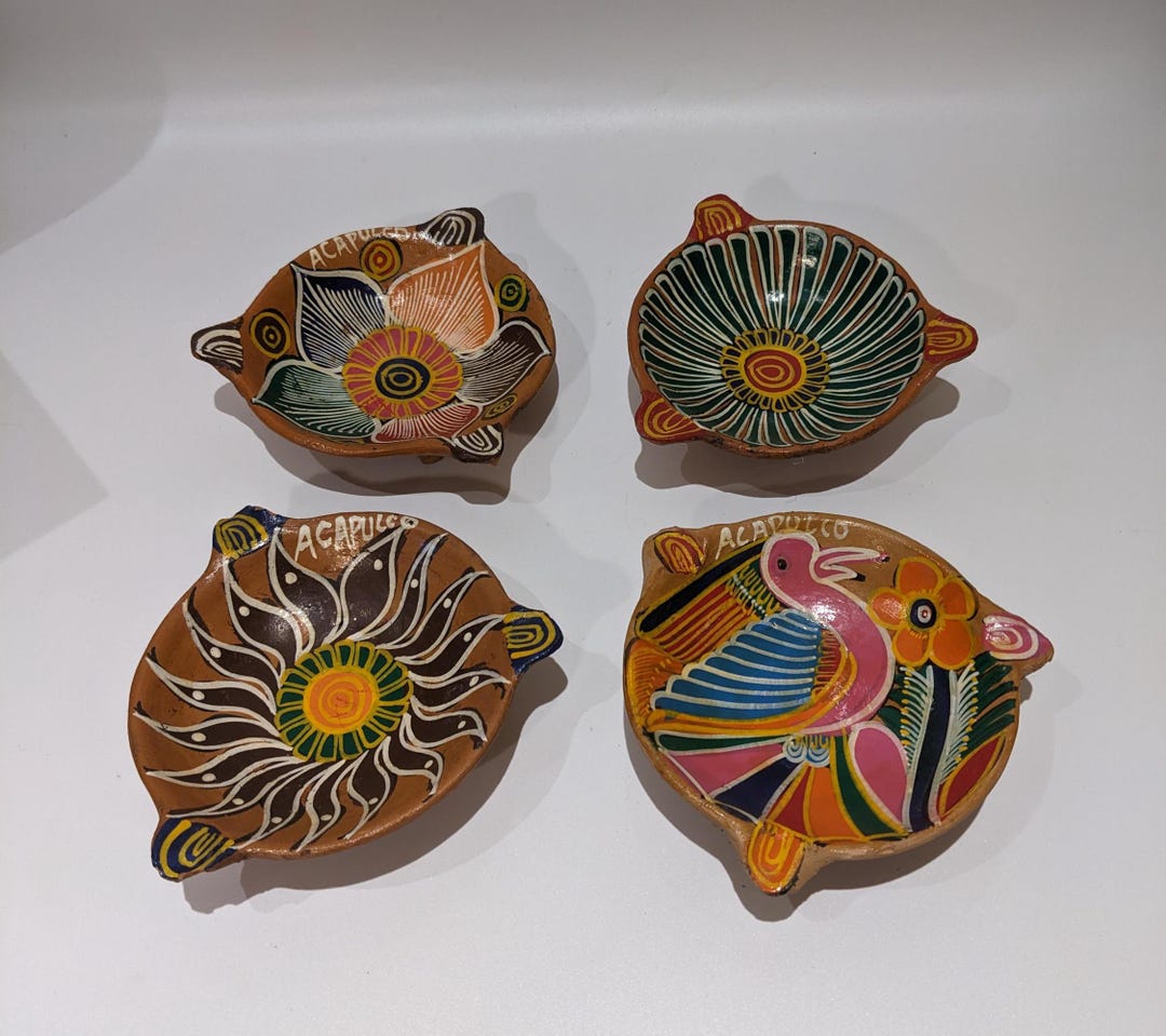 Vintage 60s MCM Mid Century Mexican Redware Hand Painted Ashtrays ...