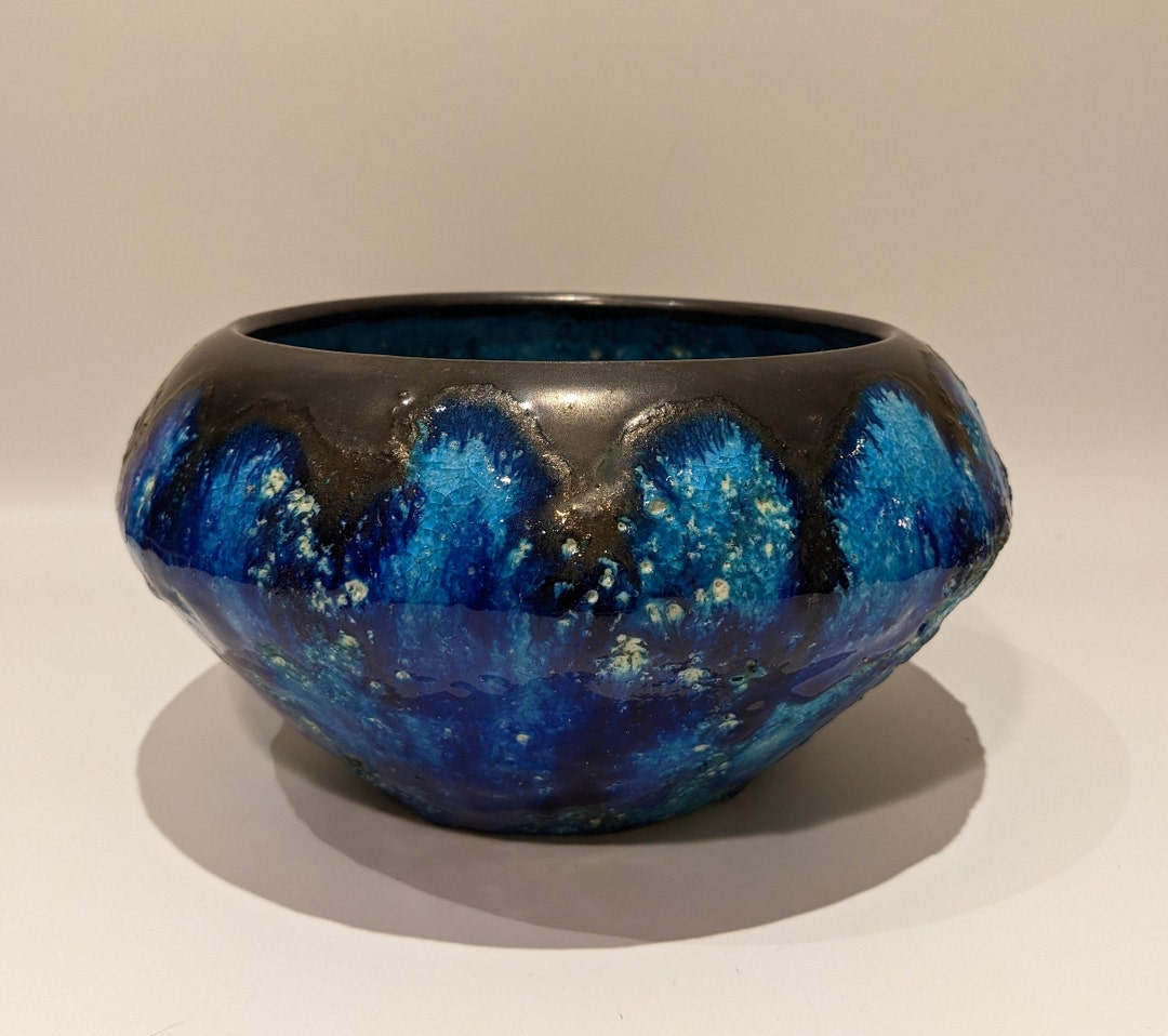 Gorgeous Vintage Blue Teal Black Drip Glaze Planter Pot - MCM Mid ...