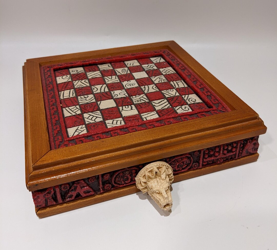 Vintage Mexican Maya Aztec Mesoamerican Small Chess Set Wood Box, Resin ...
