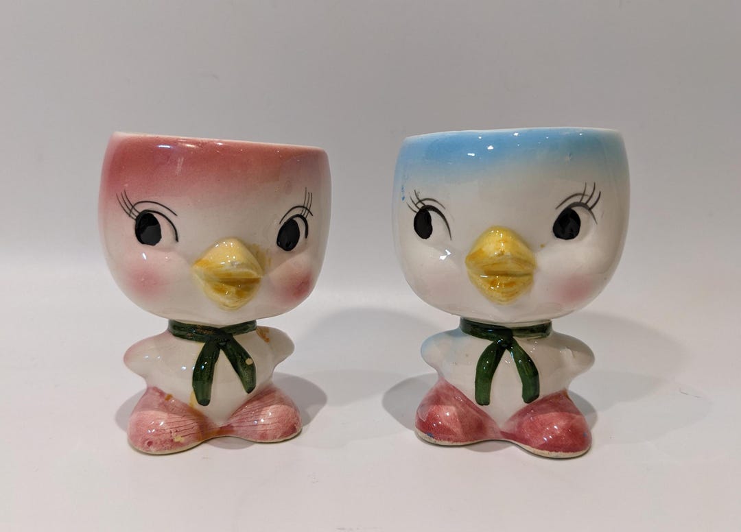 Vintage 50s 60s Anthropomorphic Girl Boy Bird Egg Cups Set of 2 Birds ...