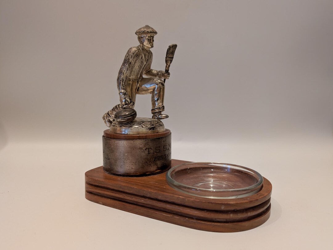 Vintage 1950s Curling Trophy – Silver-plated Curler Figurine With Glass ...
