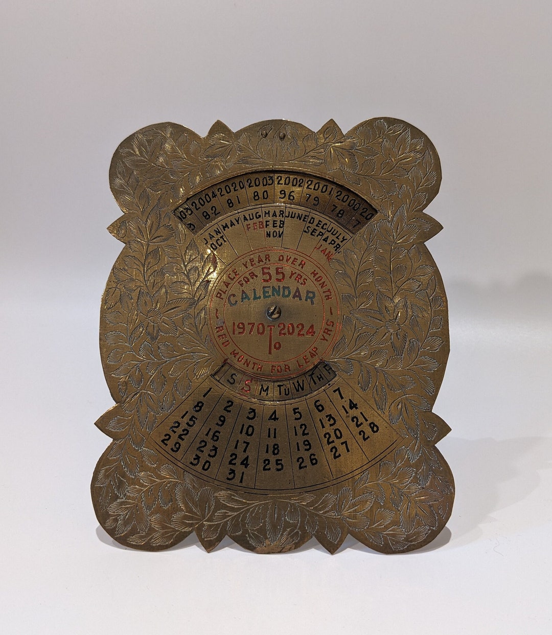 Vintage Brass Calendar 55 Year Calendar Etched Floral Rectangular Desk ...