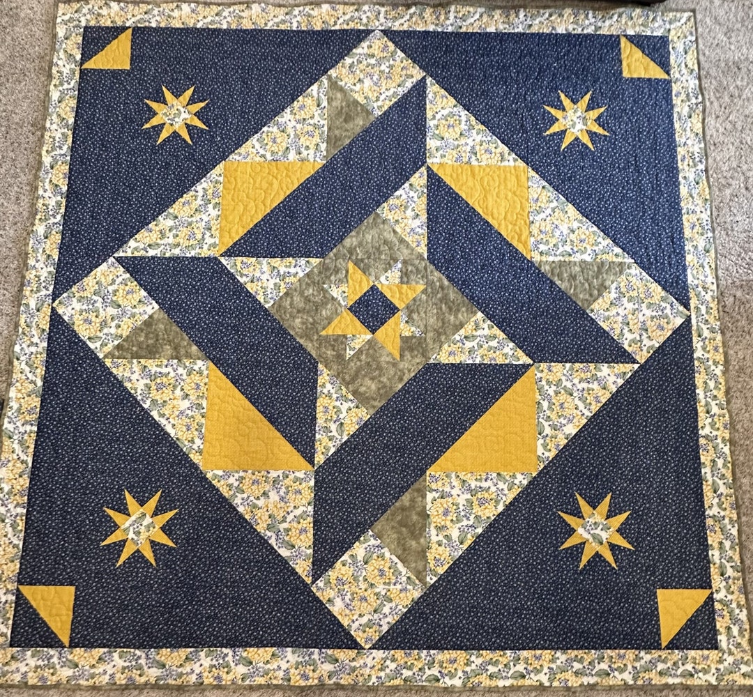 Think Spring Navy Blue Quilt With Springtime Yellow Florals 79x79 - Etsy