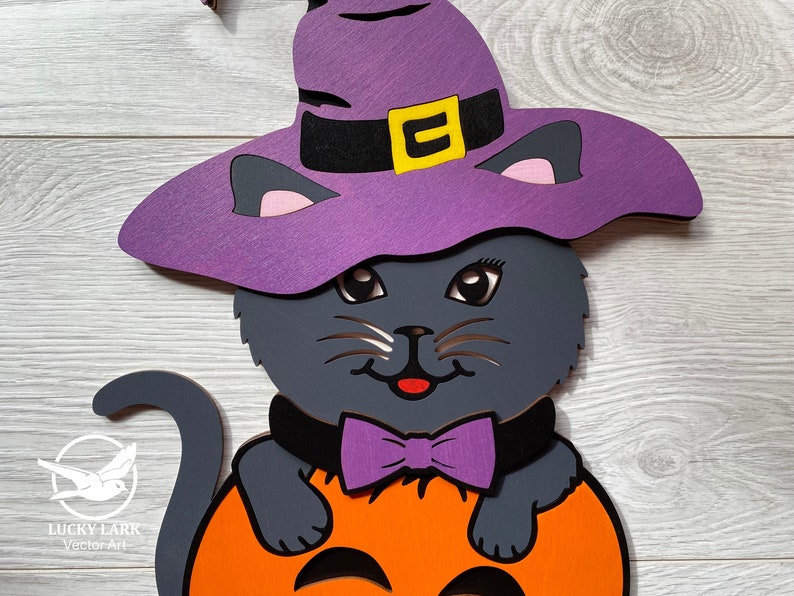 Halloween Cat in Pumpkin Door Hanger SVG, Glowforge Laser File - Etsy