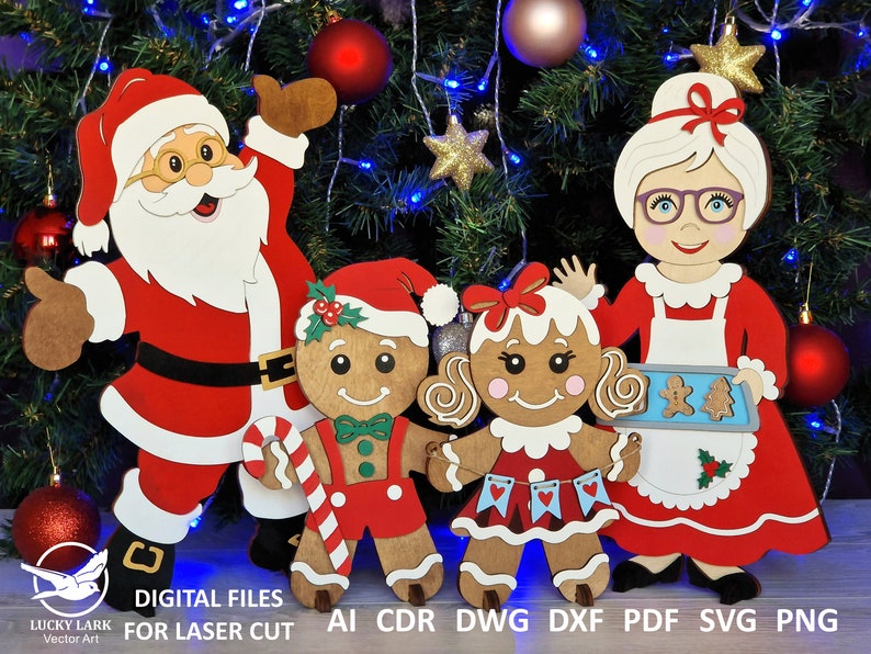 Christmas Santa, Mrs. Claus & Gingerbread Laser Cut File (SVG, AI, PDF ...